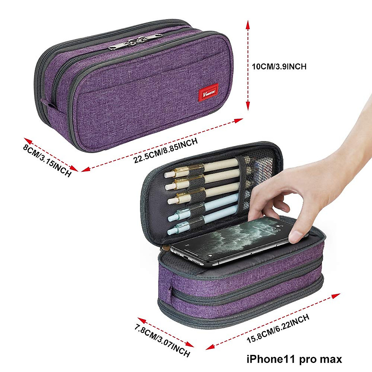 Vnieetsr Large Pencil Case Big Capacity Pencil Bag Large Storage Pouch 3 Compartments Desk Organizer Marker Pen Case Simple Stationery Bag Pencil Holder (Purple)