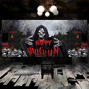 Vlipoeasn Halloween Garage Door Decorations, 7x16 Ft Halloween Garage Door Cover Banner, Skull Ghosts Halloween Outdoor Party Photography Backdrop Sign Poster Decorations Supplies