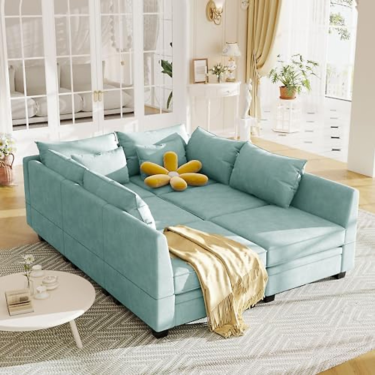 kevinplus 115'' Modular Sectional Sofa Couch with Storage Seat for Living Room, Modern L-Shaped U-Shaped 6-Seat Convertible Sofa Couch Bed for Apartment, Free Combination, Linen Fabric, Light Green
