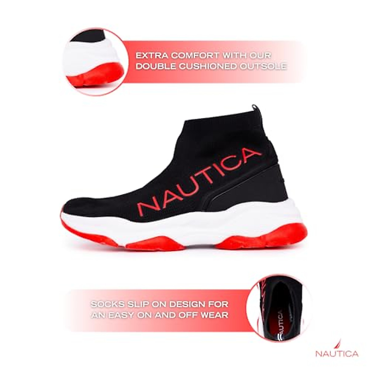 Nautica Men's High Top Sneakers Breathable Knit with Socks Ankle Support Slip-On Tennis Comfort Shoes for Fashion Gym Sports-Bowen Mens-Black Red-Size 13