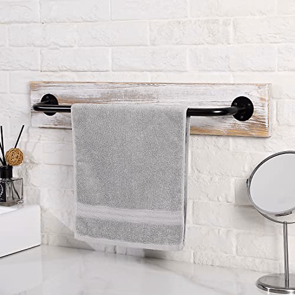 MyGift 24-inch Industrial Black Metal Towel Bar Rack with Vintage White Wood Wall Mount Bathroom Towel Holder