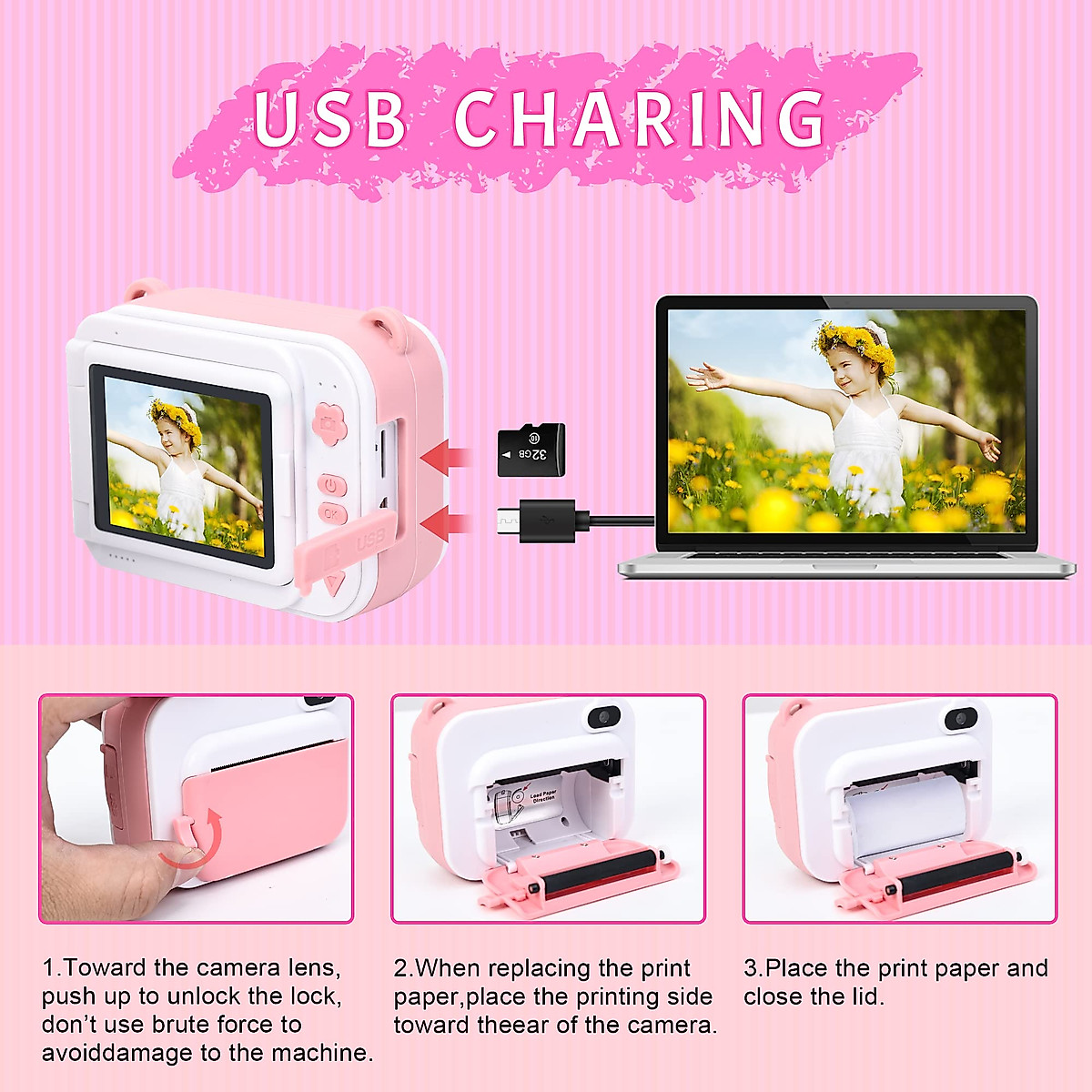 SudnXih Instant Camera for Kids Toys for 5-8 Year Old Girls, Kids Camera Instant Print Birthday Gifts for Girl Age 4 5 6 Selfie Camera with 180 Flip Screen Pink