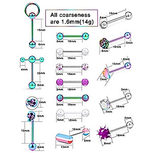 Prjndjw 14G Surgical Steel Tongue Rings for Women Men Teaser Double Barbell with Slave Ring Skull/Flower/Silicone Soft Spike Ball/CZ/Door Knocker/Pill Tongue Ring Piercing Jewelry 5/8inch Rainbow