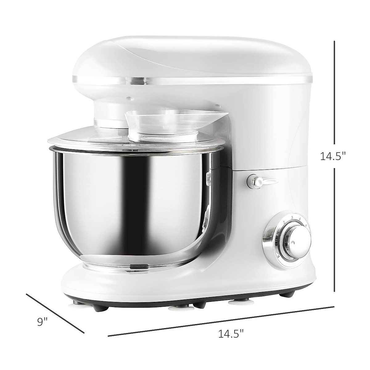 HOMCOM Stand Mixer with 6+1P Speed, 600W Tilt Head Kitchen Electric Mixer with 6 Qt Stainless Steel Mixing Bowl, Beater, Dough Hook and Splash Guard for Baking Bread, Cakes, and Cookies, Silver