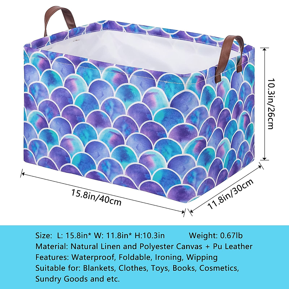 Funnewban Mermaid Storage Bin Basket Collapsible with Leather Handles Waterproof Canvas Storage Cube Box for Closet Toys Clothes Nursery Room Gift Basket