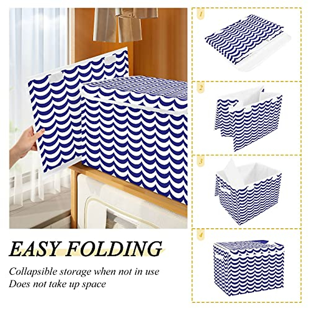 CaTaKu Retro Blue Waves Storage Bins with Lids and Handles, Fabric Large Storage Container Cube Basket with Lid Decorative Storage Boxes for Organizing Clothes