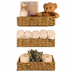 LukLoy Floating Basket Waterproof Wall Hanging Slim Woven Bathroom Baskets Over Toilet Tank with Wall Brackets for Toilet Paper Towel Organizing (Brown, Pack of 3)