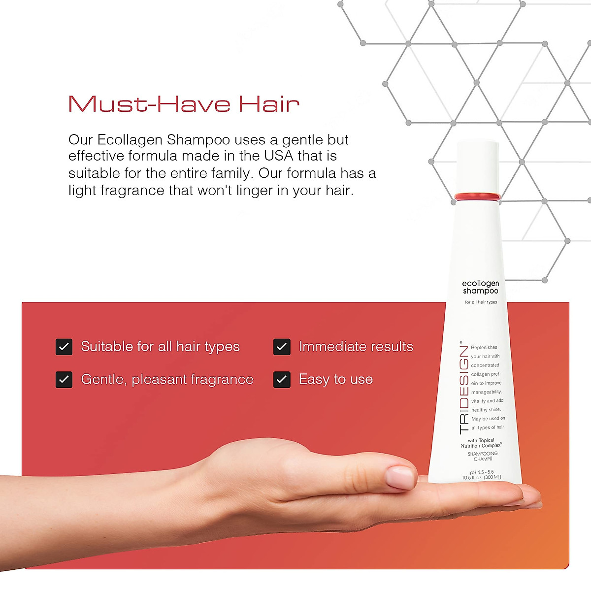 TRIDESIGN Ecollogen Moisturizing Shampoo - Hydrating Hair Shampoo For Natural Hair, Unisex, Thickening & Volumizing Shampoo, Unscented, Non-fragrance Shampoo Gentle Cleanser- 10.5 oz