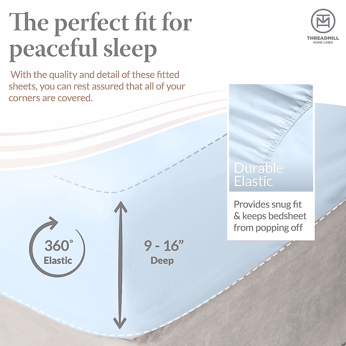 Threadmill Full Size Sheet Set | 100% Cotton Sheets | Solid Sateen Full Bed Sheets Set with 16' Elasticized Deep Pocket | Soft Breathable 4-Piece Cooling Sheet Set | Light Blue