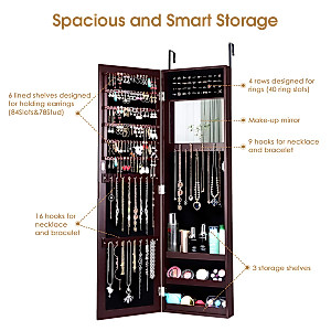 Giantex Jewelry Armoire Cabinet Wall Door Mounted with Full Length Mirror, Jewelry Organizer with Makeup Mirror, Ring Earring Slots, Necklace Hooks, Large Capacity Storage Jewelry Armoire (Brown)