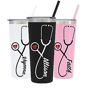 22 oz Nurse Personalized Stainless Steel Tumbler with Custom Stethoscope Vinyl Decal by Avito - Includes Straw and Lid - Nurse RN - Nurse Gift