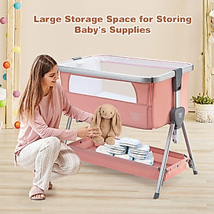 BABY JOY Bedside Bassinet, Portable Baby Crib w/Mattress, Two-Side Breathable Mesh, 7 Height Adjustable, Large Storage, Wheels for Easy Movement, Crib for Newborn Infant, Bassinet for Baby, Pink