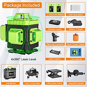 IMAYCC Laser Level, 4x360° Self Leveling Laser Level, 4D Cross Line Laser with Remote Control, Anti-fall Box, Multiple Stands, Rechargeable Batteries for Construction and Decoration
