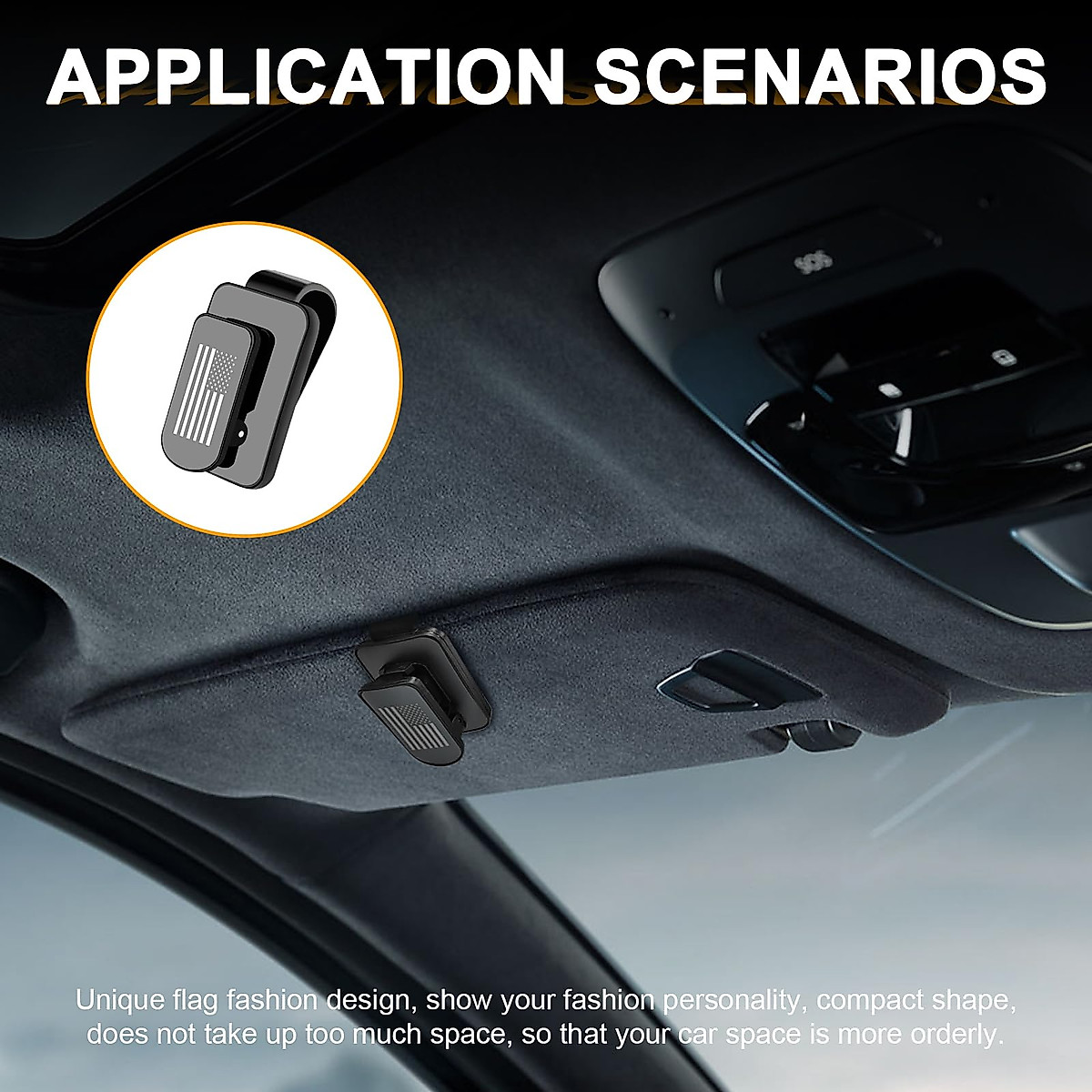 Kewucn Sunglass Holder for Car Visor, Metal US Flag Eyeglasses Hanger Mount, Multi-Function Ticket Card Clip, Personality Vehicle Organizer Accessories for Different Size Eyeglasses (Black+Grey, Flag)