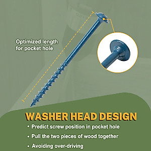 LIONMAX Pocket Wood Screws #8 x 2-1/2", 150PCS Wood Screws for Pocket Hole, Washer Head with Square Drive, Coarse Thread, Blue Coated for Weather Resistant, Self Tapping, 150MM Drive Bit Included