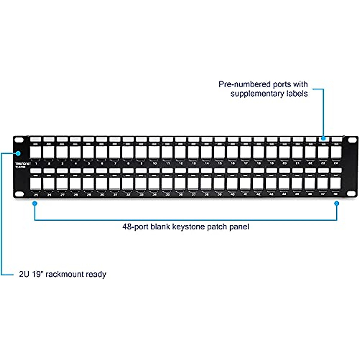 TRENDnet 48-Port Blank Keystone 2U HD Patch Panel, TC-KP48, 2U 19” Metal Rackmount Housing, HD Keystone Network Patch Panel, Recommended w/TC-K25C6 & TC-K50C6 Cat6 Keystone Jacks (Sold Separately)