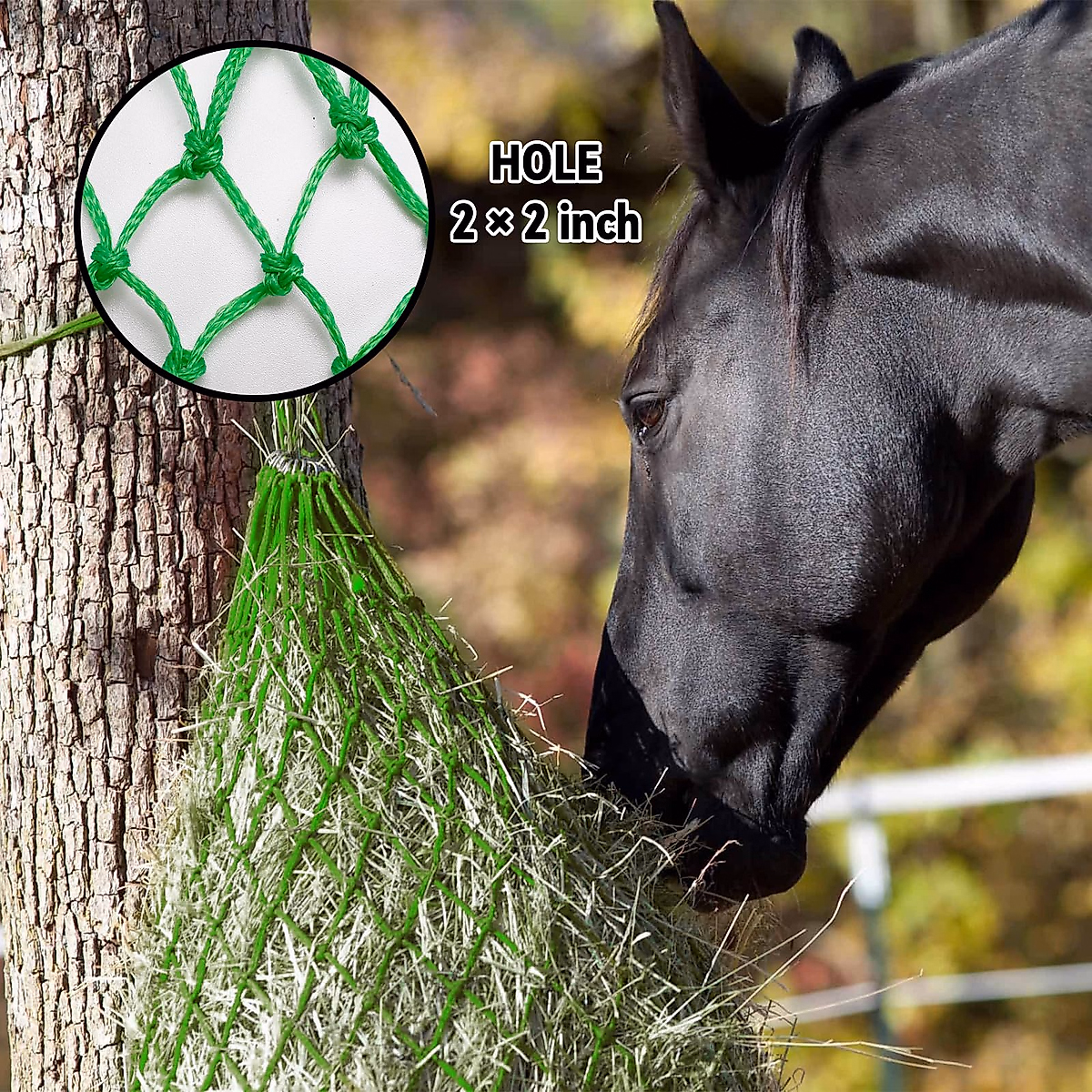 Audoloku Slow Hay Feeder Net with Bottom Ring Hay Bags for Horses Goats 40" Length with 2" Holes Feed Storage Hanging Bag for Stalls Livestock Feeding Supplies
