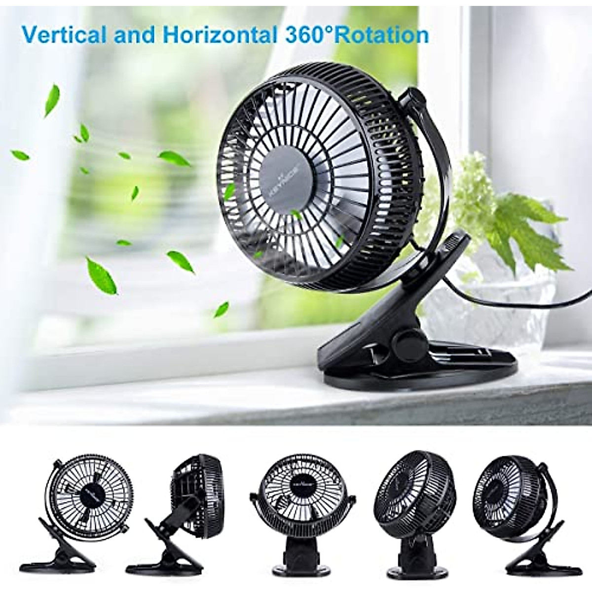 KEYNICE USB Desk Fan, 4 inch Stroller Fan, Mini Clip on Fan, 2 Speed Portable Quiet Fan, 360° Rotate USB Fan for Home, Office and Camping(Black)