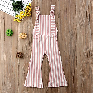 ZAXARRA Toddler Baby Girl Stripes Bell-Bottom Jumpsuit Romper Overalls Long Pants Outfits (1-2 Years, Brown Pink)