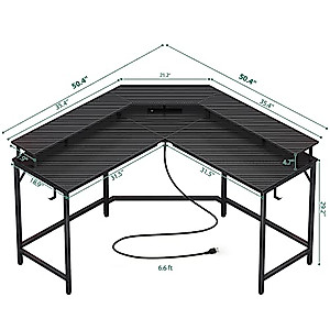 Huuger L Shaped Gaming Desk with Power Outlets & LED Lights, Computer Desk with Monitor Shelves, Carbon Fiber Surface, Home Office Desk, Corner Gaming Desk with Hooks, Black