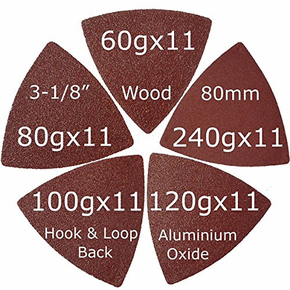 XXGO Triangular Oscillating Multi Tool Sanding Pads 3-1/8 Inch 80mm Assorted Grit 60/80/100/120/240 Grits Pack of 55 Pcs No.XG5501