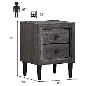 Giantex Nightstand with Drawer, Fully-Assembled 2-Drawer Bedside Tables with Solid Wood Legs for Bedroom, Modern Night Stand Side Table for Small Space Living Room, Grey