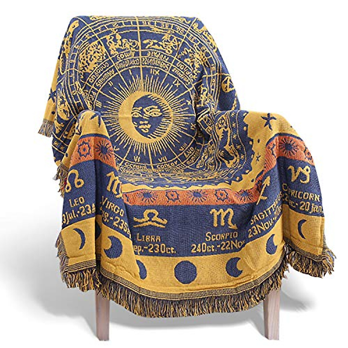 MayNest Boho Woven Throw Blanket Reversible Cotton Bohemian Tapestry Hippie Room Decor Witchy Astrology Zodiac Celestial Constellation Carpet Bed Chair Couch Sofa Cover Double Sided (Yellow, 51x71)