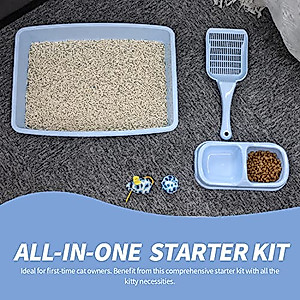 PAWISE Kitty Litter Box Set Includes 4-Pieces - Shallow Cat Litter Pan, Cat Litter Scooper, Cat Bowls, Cat Mouse Toy, 14.5x10.5 Inches, Blue