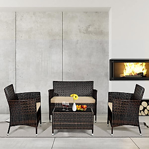 Toolsempire 4 Pieces Patio Sofa Set, Wicker Conversation Set with Ergonomic Curved Backrest, Patio Rattan Furniture Set with Water-Resistant Cushion & Tempered Glass Table for Balcony, Porch (Brown)
