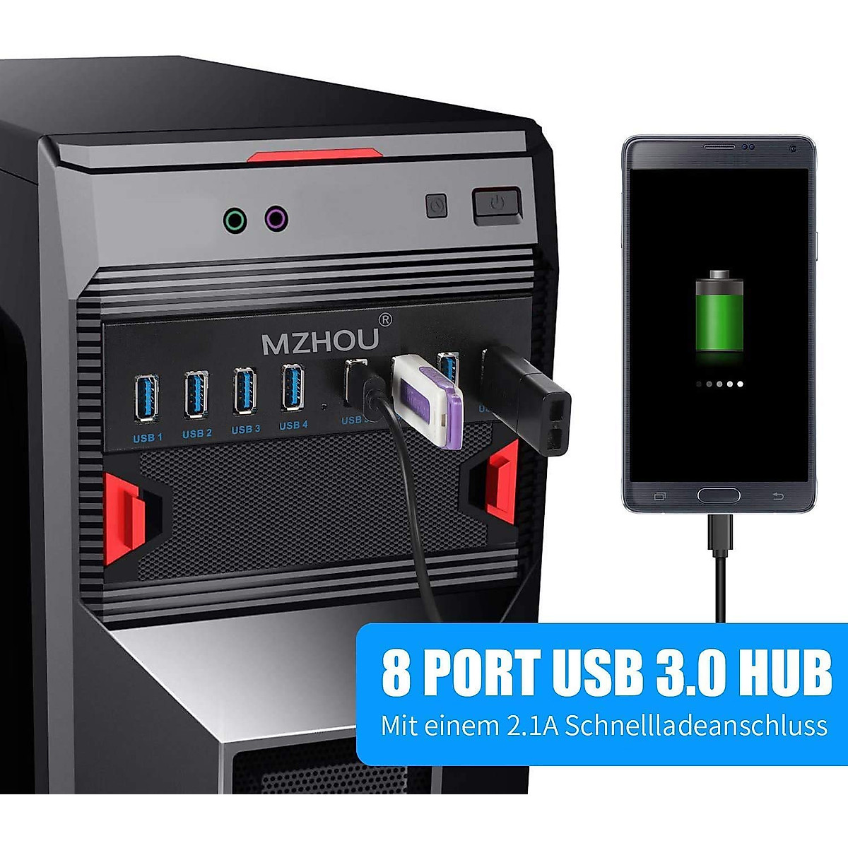 MZHOU Front Panel USB 3.0 Hub 8 Port,19 Pin to 8 Port USB 3.0 Hub for PC, USB Flash Drives, Transfer Speed up to 5 Gbps, Fits Any 5.25” Computer Case Front Bay