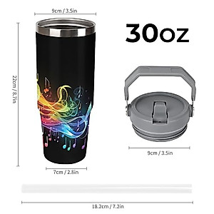 BWQJKUO Large Capacity Car Cup 30 Oz Stainless Steel Rainbow Musical Note Melody Printed Travel Mug Leak-proof Flip Straw Tumbler with Handle,keeps Cold Or Ho