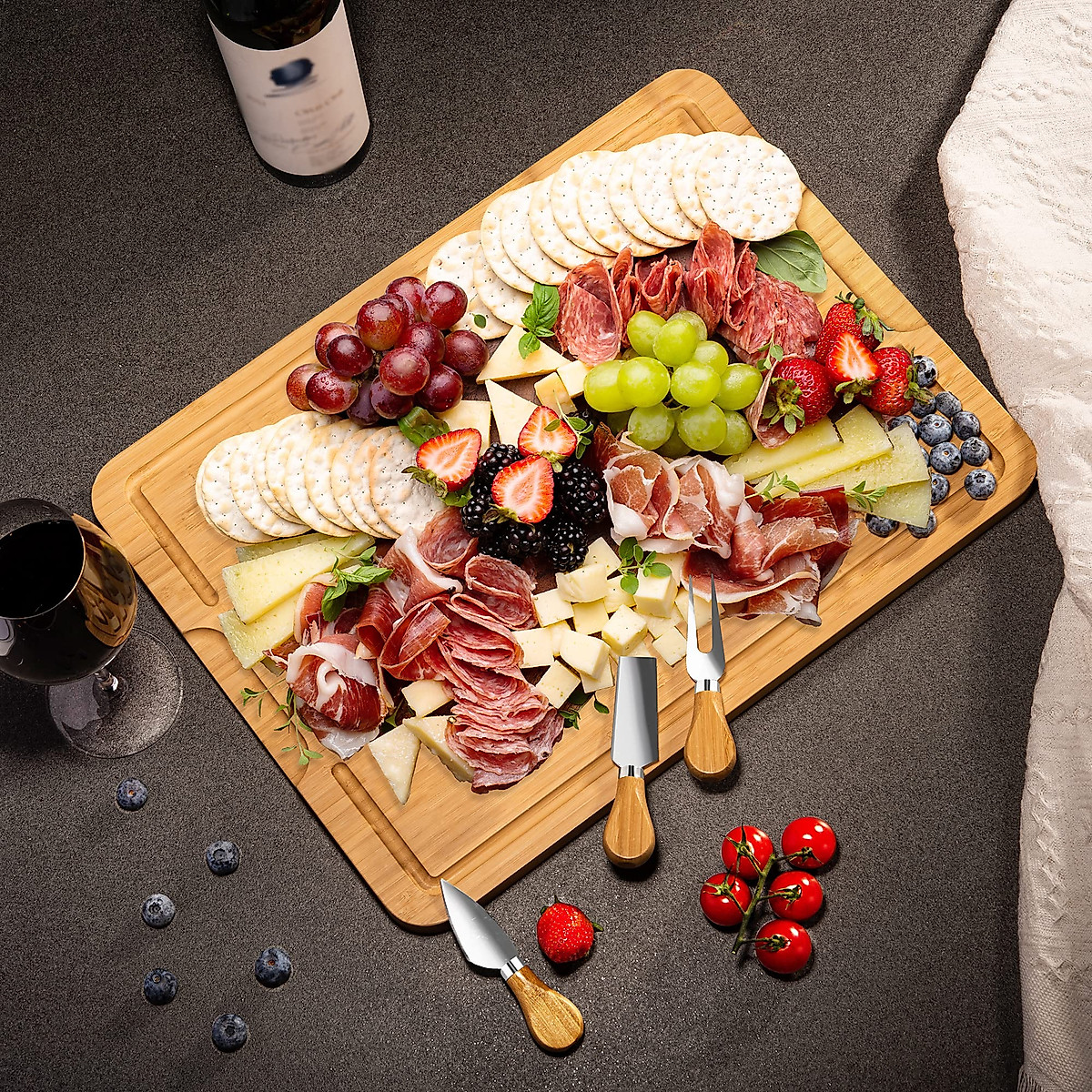 Bamboo Cheese Board with Magnetic Knife Set, Charcuterie Board Set, Unique Bamboo Cutting Board, Cheese Tray Platter, Gift for House Warming, Anniversary, Christmas, Thanksgiving