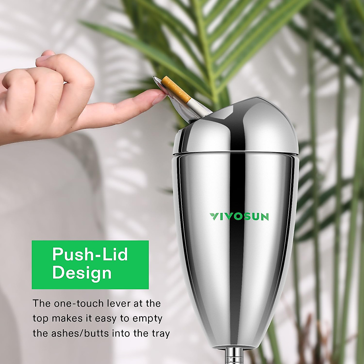 VIVOSUN Floor Standing Ash Tray, Outdoor Ashtray with Stainless Steel Lid, Adjustable Height from 21.5" to 35" for Home, Patio, Chrome