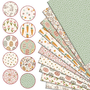 Whaline 10Pcs Easter Cotton Fabric Bundles Easter Bunny Egg Carrot Flower Fat Quarters Pastel Easter Spring Quilting Patchwork for DIY Handmade Craft Party Decor, 18 x 22 Inch