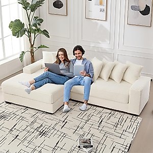 Fefances Spacious Two-Section Left-Oriented Modular L-Shaped Corduroy Sectional Couch for Living Spaces, 111" Upholstered Convertible Chaise Sofa & Chaise Lounge with Daybed Functionality,Beige/R.