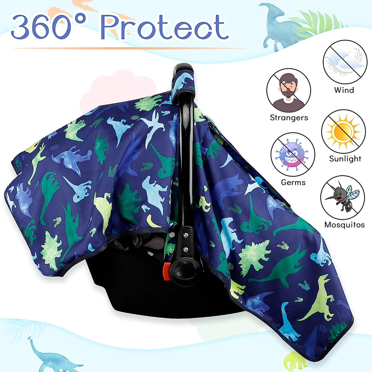 Carseat Cover Boy, Winter Baby Carseat Seat Cover, Carseat Canopy Cozy & Warm Cover with Peep Windows, Blue Dinosaur Stuff