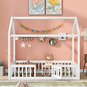 Twin Bed Frames with Fence and Door Roof, Pine House Shaped Montessori Floor Mattress Foundation for Kids Girls Boys