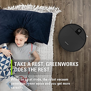 Greenworks Robotic Vacuum GRV-1010 Self-Charging, Wi-Fi Connectivity, 2200Pa Extreme Suction Power, Perfect for Pet Hair, Hard Floors, Carpets, Works with Alexa
