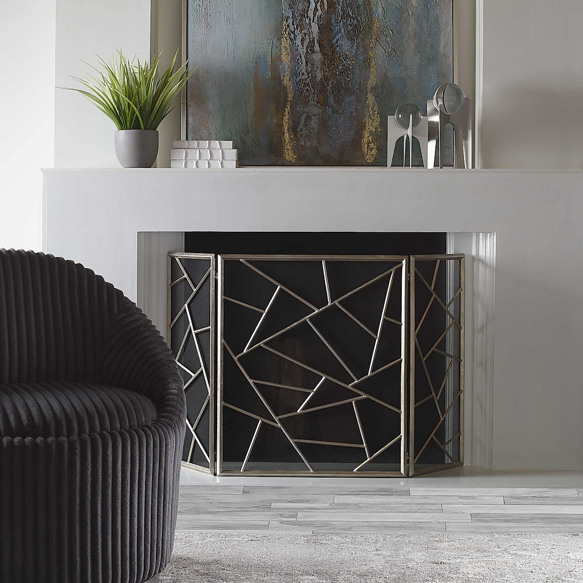 Modern Abstract Silver Panels Fireplace Screen | Tiled Shapes Champagne