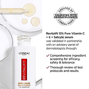 L'Oreal Paris Revitalift 12% Pure Vitamin C Serum, Vitamin E, Salicylic Acid, Moisturizing, Smoothing & Brightening, Non Greasy + Moisturizer Sample