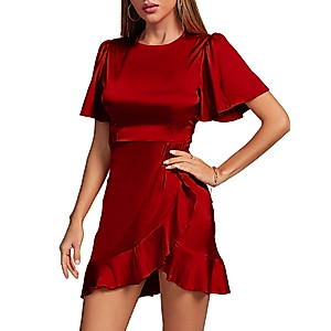 LYANER Women's Satin Wrap Front Ruffle Hem Short Sleeve Crewneck A Line Mini Short Dress Wine Red Medium