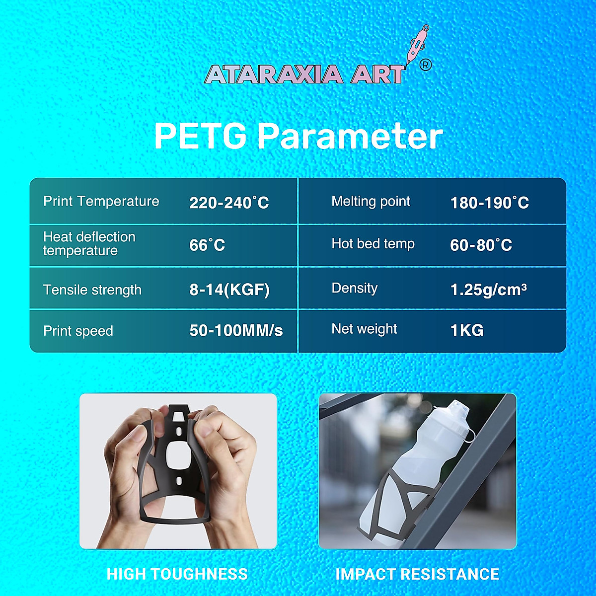 ATARAXIA ART PETG Filament 1.75mm, Black 3D Printer Filaments, 1Kg/2.2lb Tidy Winded Spools, Dimensional Accuracy +/-0.02mm, with Filament Storage Vacuum Bags, Fit FDM 3D Printers, PETG Black 1.75mm