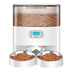 Automatic Cat Feeder, HoneyGuaridan 6L Pet Feeder for 2 Cats & Dogs, Auto Cat Dry Food Dispenser with Desiccant Bag, Timer Feeder Portion Control 1-6 Meals per Day, Dual Power Supply, Voice Recorder