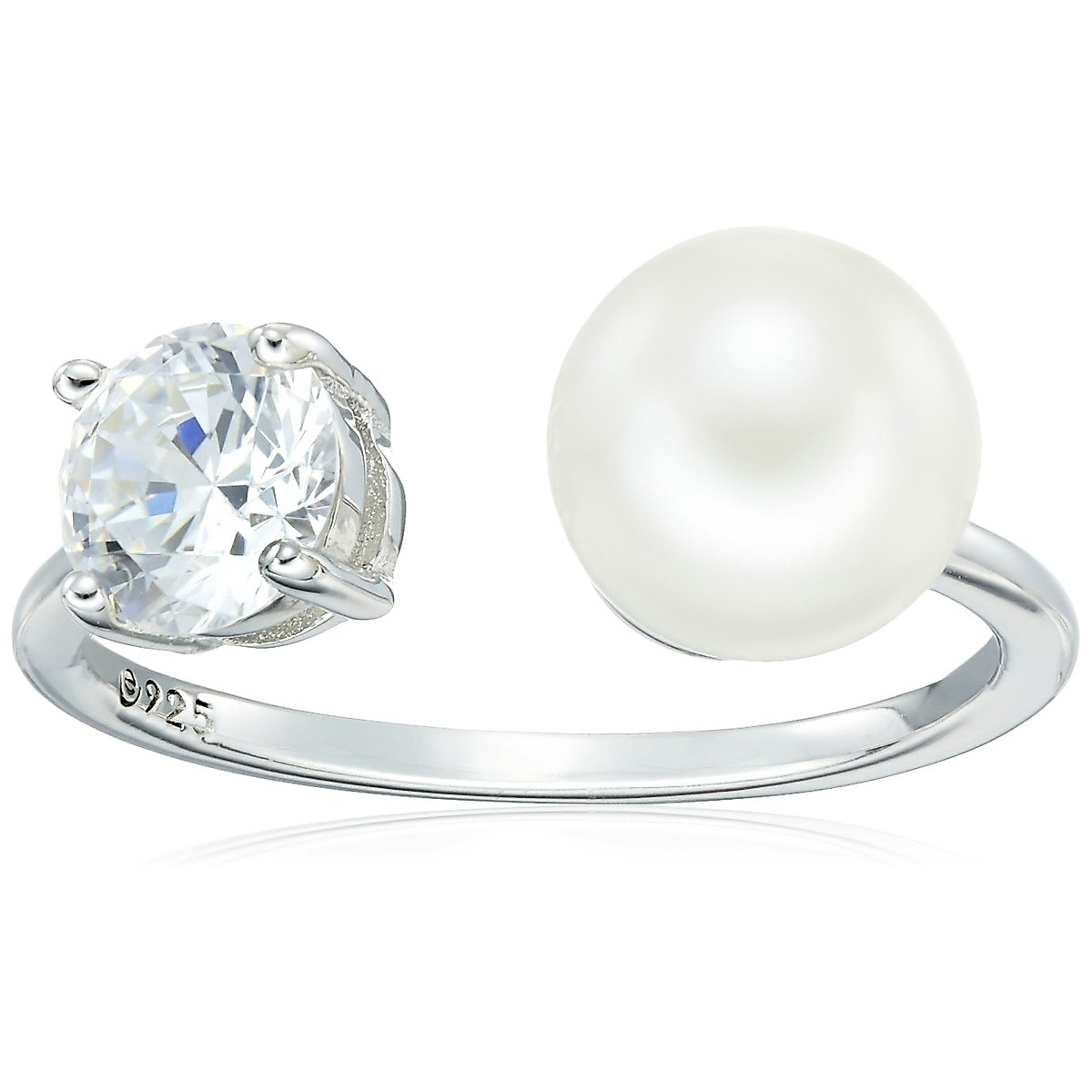 Amazon Essentials Platinum-Plated Sterling Silver Infinite Elements Cubic Zirconia Freshwater Cultured White Pearl Ring, Size 7 (previously Amazon Collection)