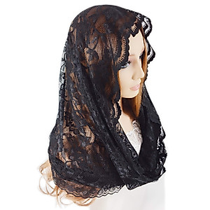 PAMOR Infinity Chapel Veil Floral Latin Mass Head Covering Lace Scarf Mantilla Veils for Church (Black)