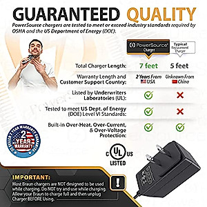 PowerSource Charger for Philips Norelco HQ8505 2000 3000 3100 3500 7000 5000 8000X 8500X 9000 Series MG7 S1560 Electric Shaver Razor Aquatec Multigroom Beard Trimmer 15V AC Adapter Power Supply Cord