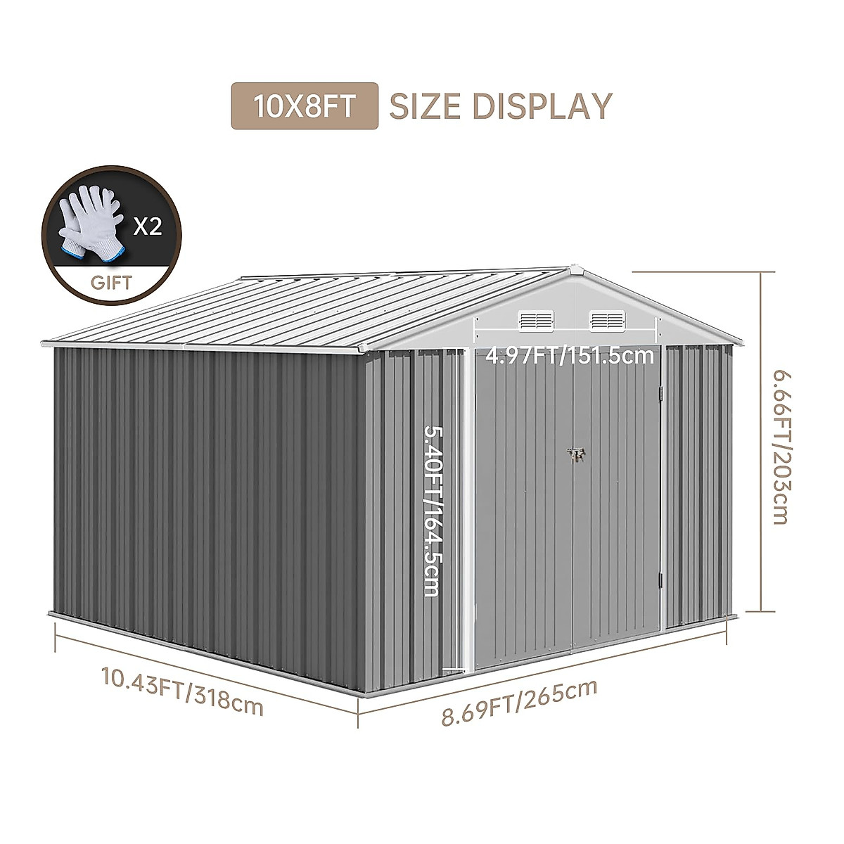 10x8 FT Metal Outdoor Storage Shed, Zstar Steel Utility Tool Shed Storage House with Lockable Door Design, Metal Sheds Outdoor Storage for Garden, Patio, Backyard, Outside Use, Grey
