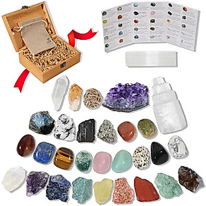 30 PCS Crystals and Stones Set - Natural Raw Healing Crystals & Tumbled Chakra Stones, Premium Protection Crystals Gift Kit Display in Wooden Box + Info Guide