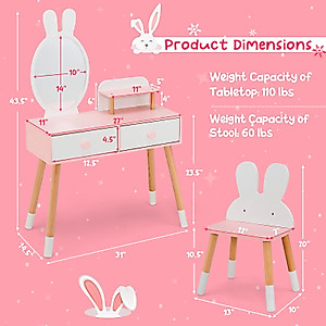 Costzon Kids Vanity Set, Girls Vanity Set with Mirror & Stool, 2 Large Drawers, Storage Shelf, Wooden Princess Makeup Dressing Table, Pretend Play Vanity Table Chair Set for Toddlers (White)