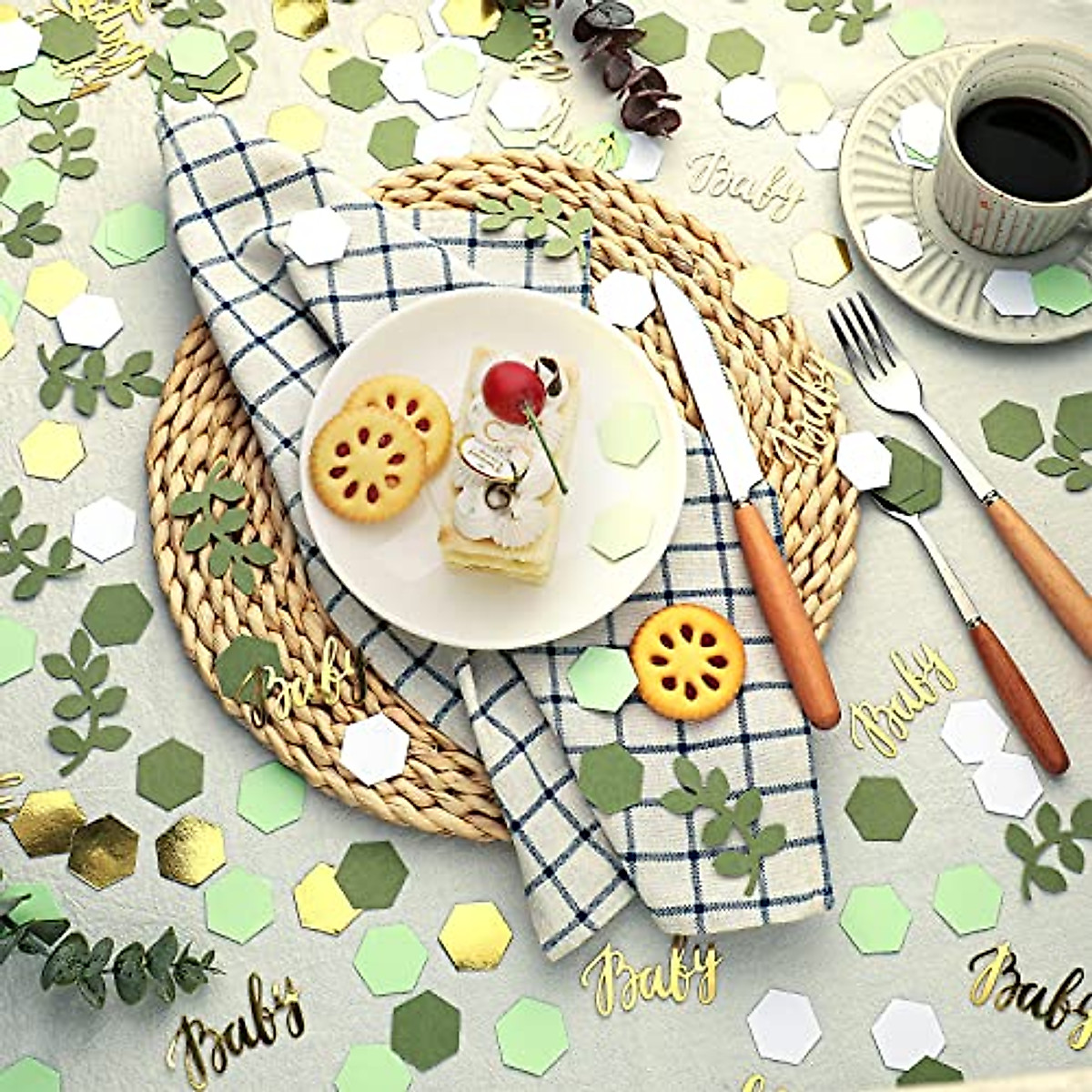 220 Pieces Greenery Baby Shower Confetti Decorations with Eucalyptus Sage Green Paper Table Confetti Hexagon Shape Table Scatter Confetti Gold White Green Confetti for Girl Boy Gender Reveal Party